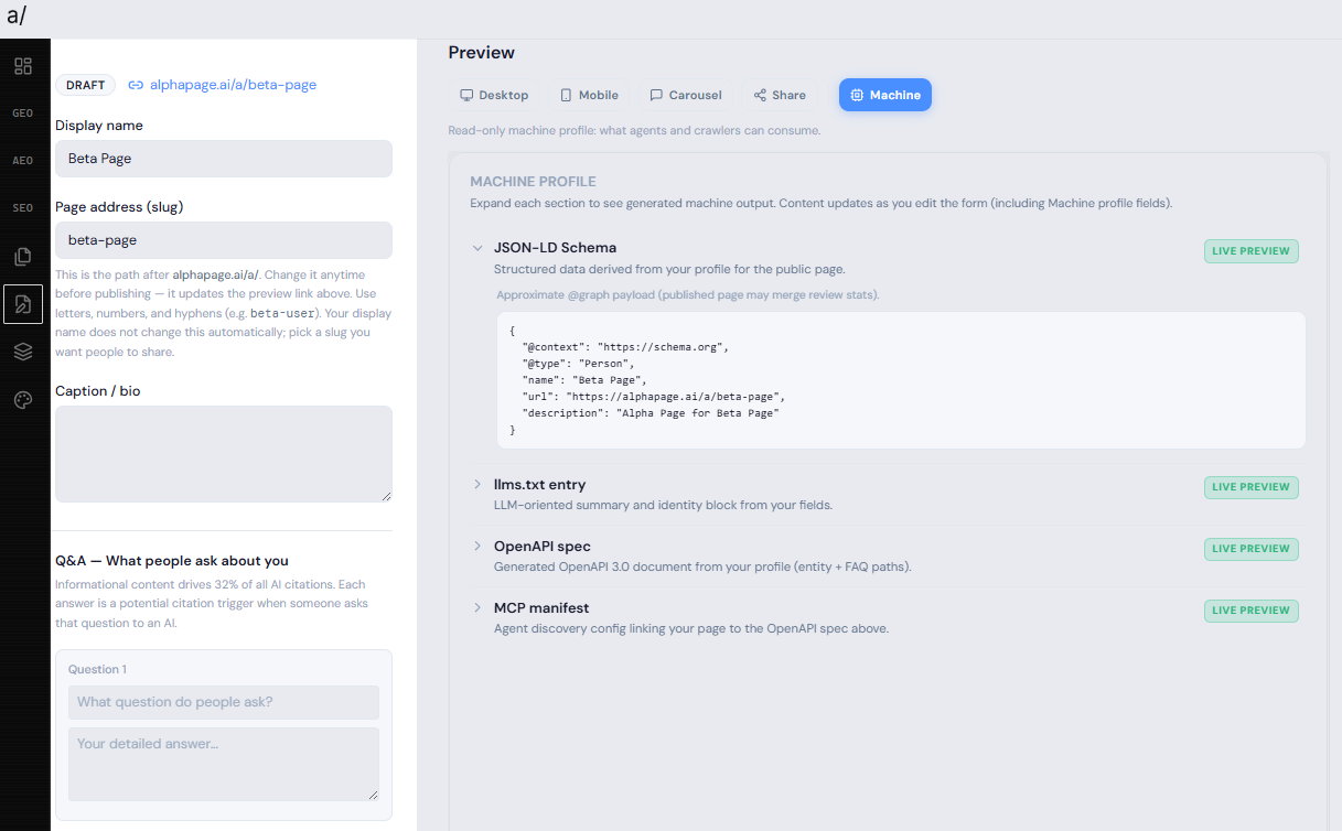 Alpha Page — One page away from being found by AI